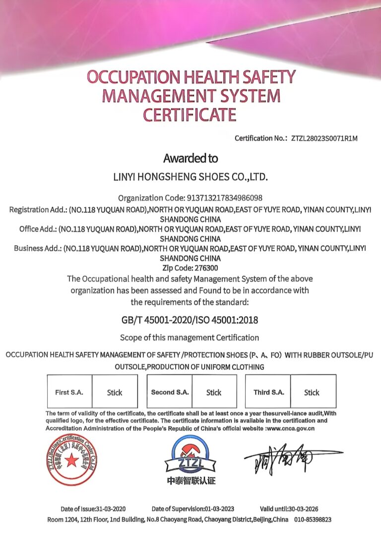 Occupation Health Safety Management System Certificate - Hongsheng Shoes